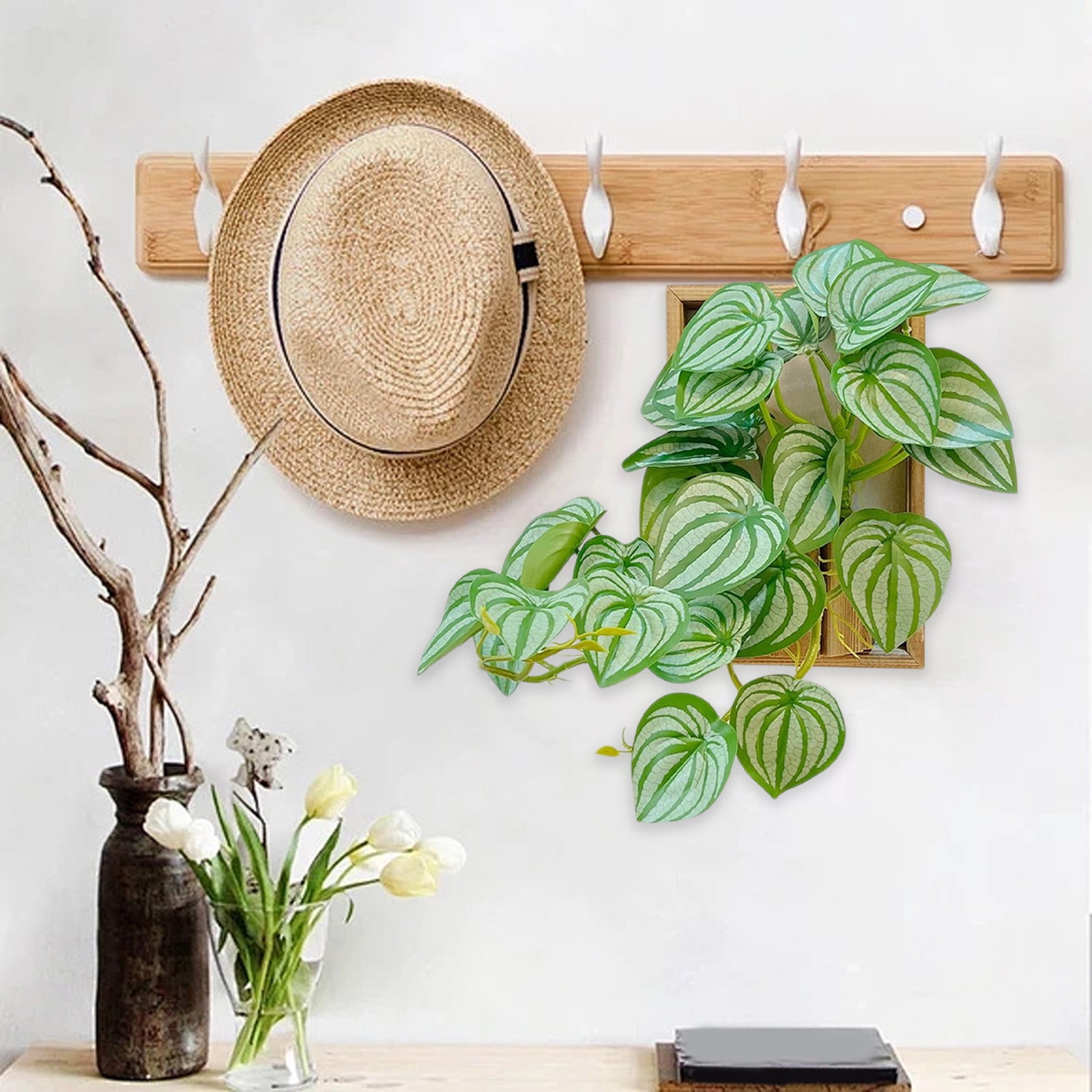 Wooden Rectangular Photo Frame Hanging Decoration | Green Faux Rattan ...