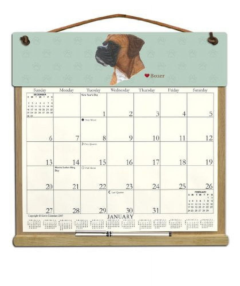 Wooden Refillable Boxer Calendar Holder filled with a 2025 calendar and ...