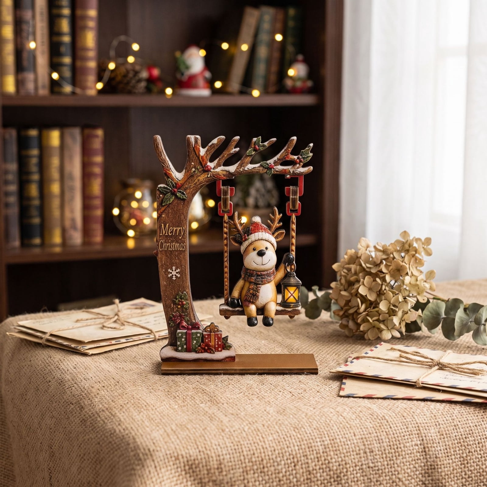Wooden Reindeer Swing Christmas Decoration with Lantern and Tree Base ...