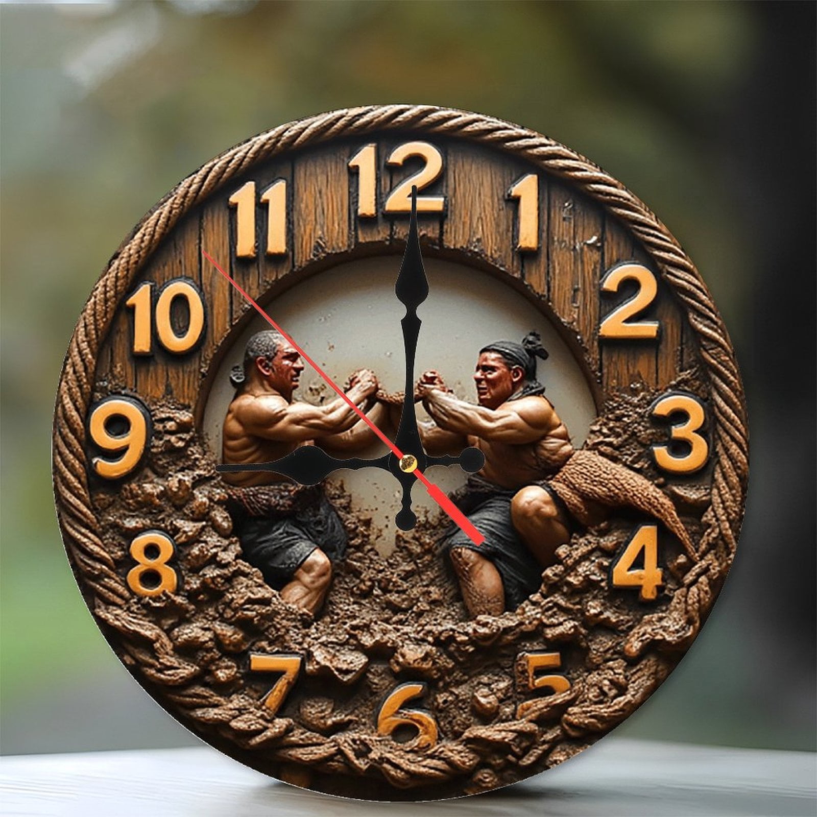 Wooden Resin Clock Unique Design Wrestling Men 10-Inch Silent Wooden ...