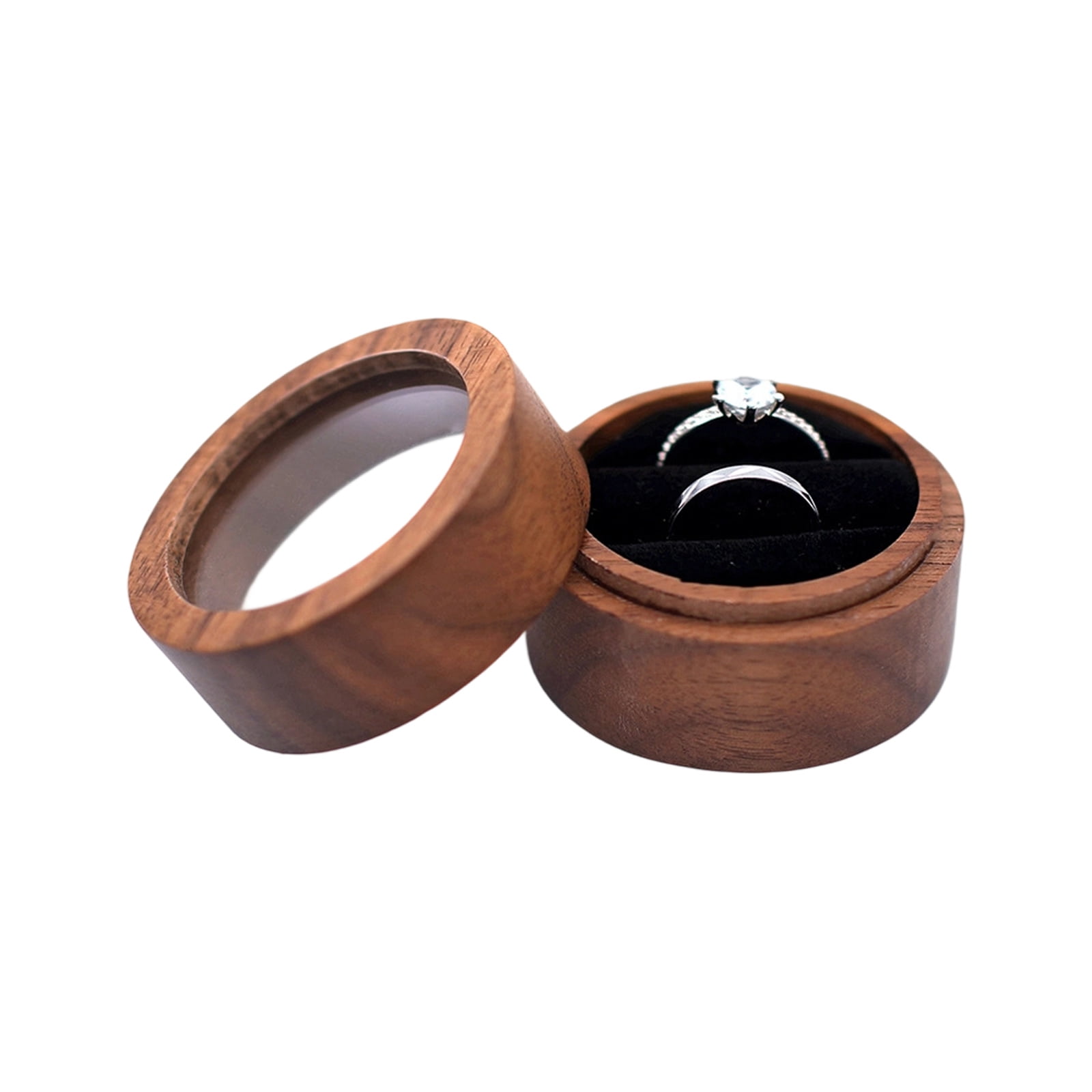 Wooden Rings Box for Wedding & Engagement, Round Jewelry Display Case ...