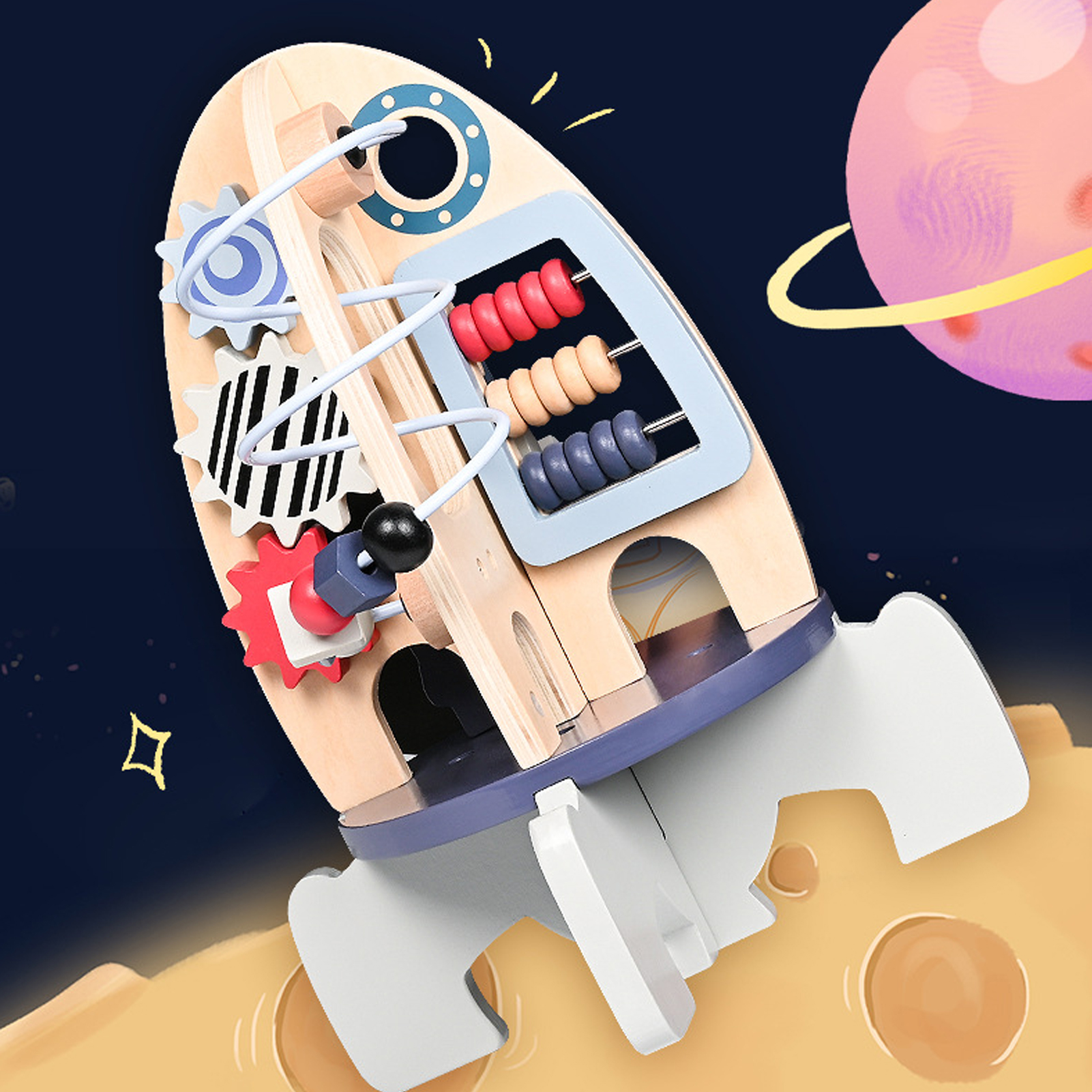 Wooden Rocket Activity Cube Toy Bead Game Block Movement Maze Rotary ...