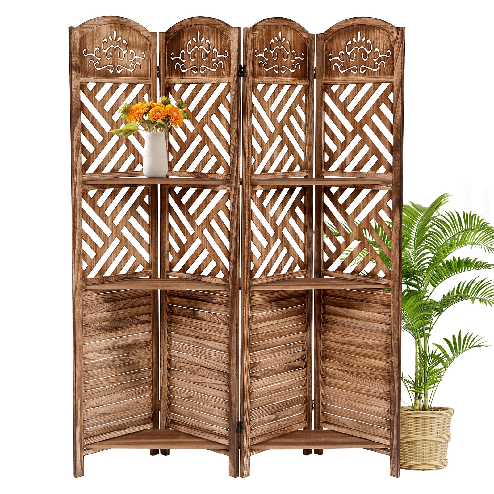 Wooden Room Divider Wall 4 Panel,5.6FT Tall Room Divider with Shelves ...