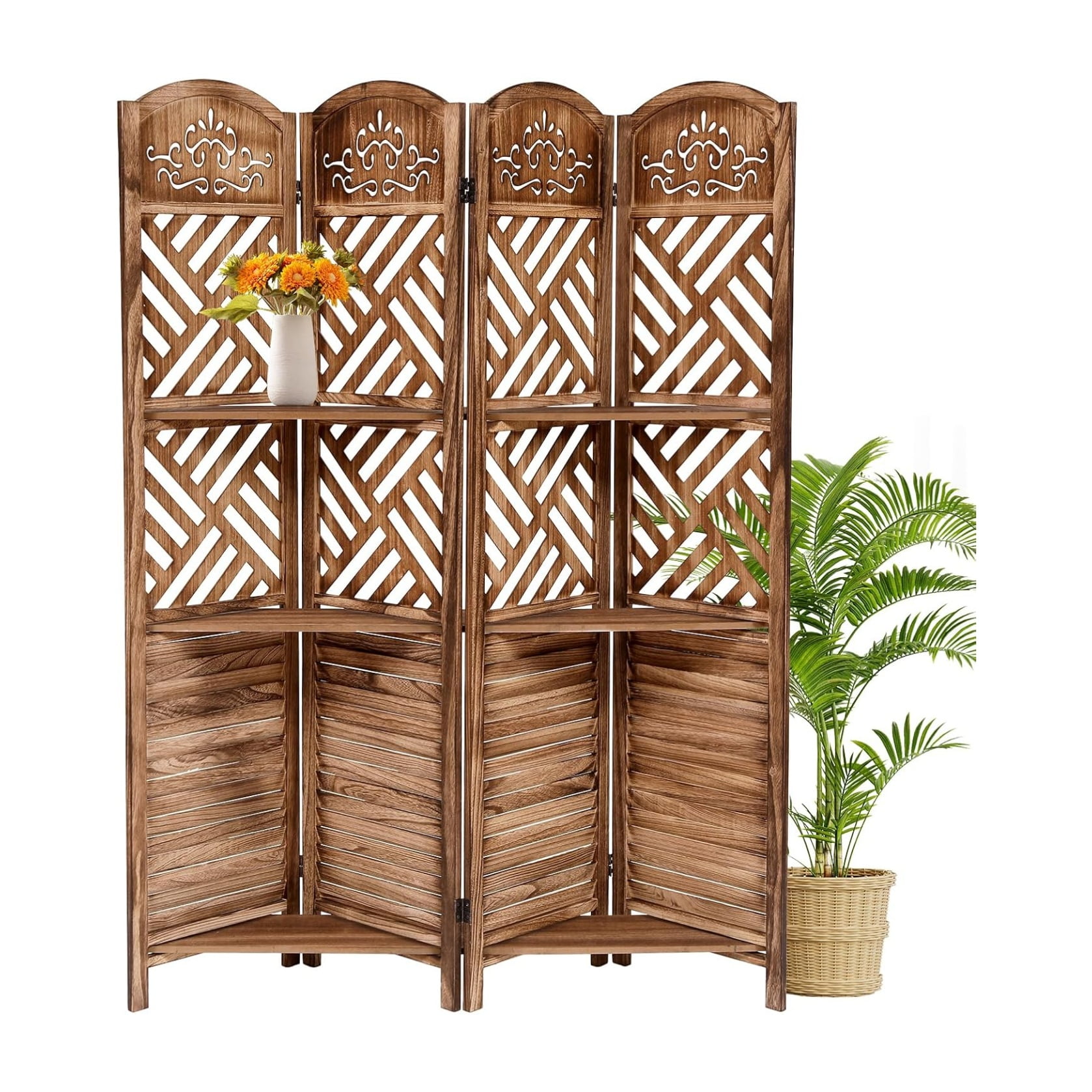 Wooden Room Divider Wall 4 Panel with Holes,5.6FT Tall Room Divider ...