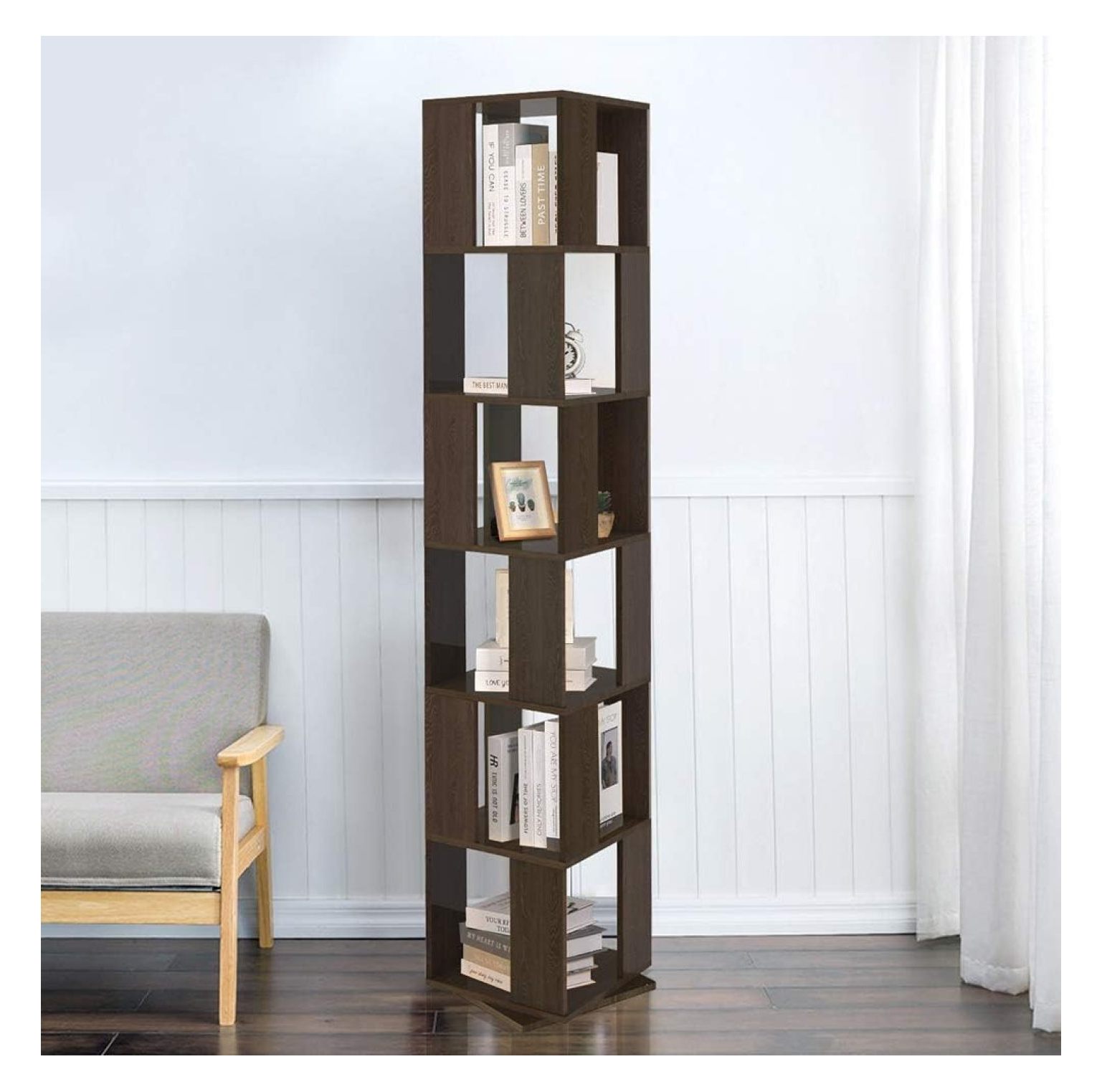 Wooden Rotating Bookcase Shelves Floor Freestanding for Living Room ...