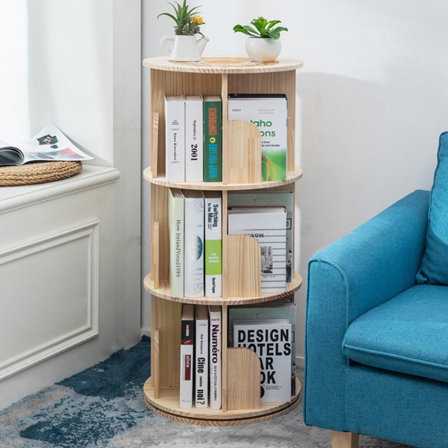 Wooden Rotating Bookshelf 360 Display Floor Standing Bookcase Storage ...
