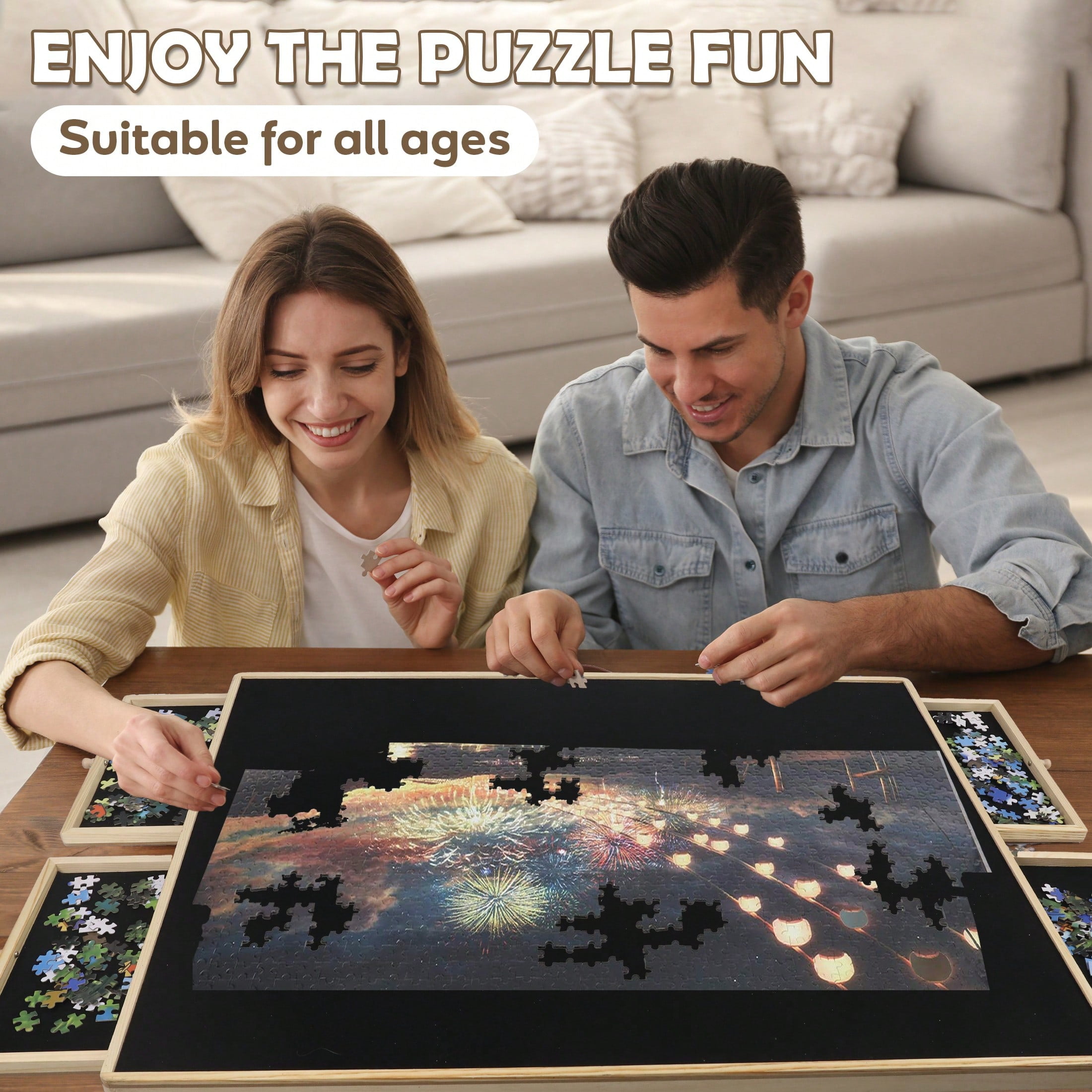 Wooden Rotating Puzzle Stand For 1500 Piece Puzzles With Drawers And ...