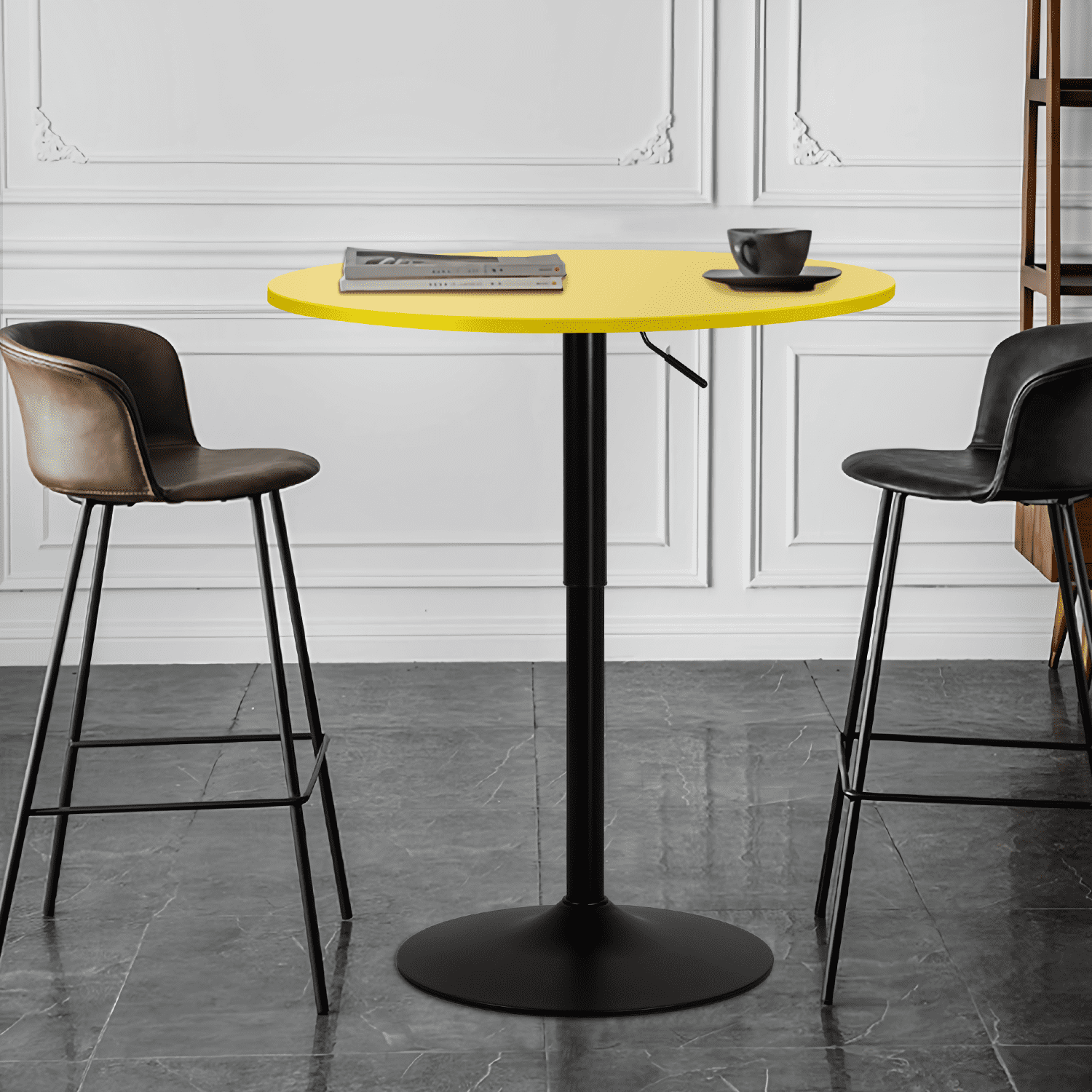 Wooden Round Bar Table Yellow Adjustable Height Tabletop Chrome Base ...
