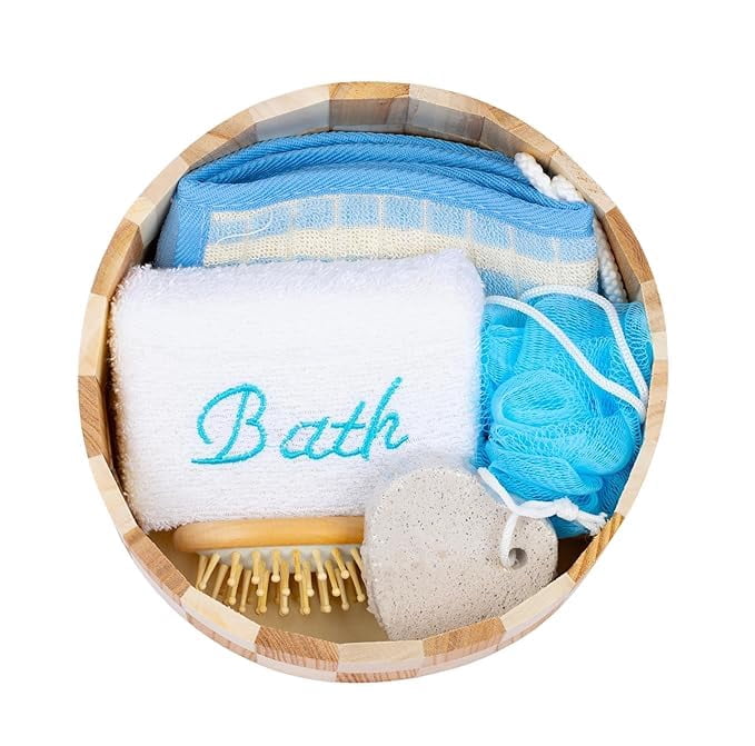 Wooden Round Basket Bath Spa Gift Set 6in1 with Back Scrubber Hair ...