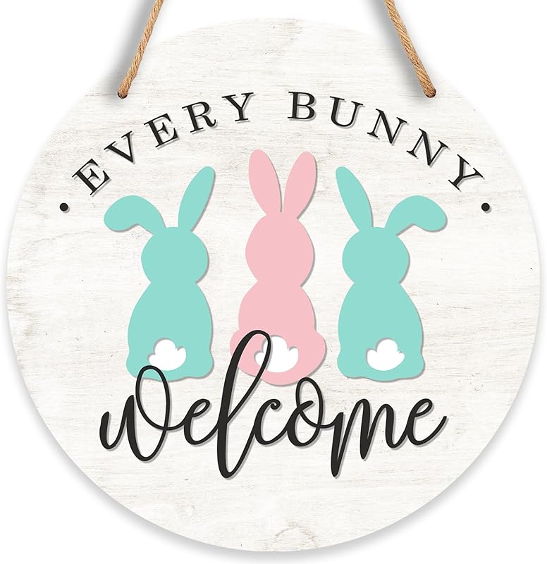 Wooden Round Hanging Door Sign Every Bunny Welcome Pink Rabbit Paw ...