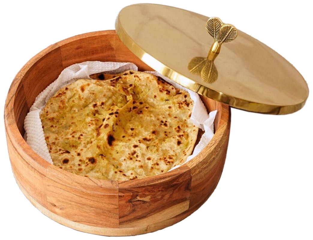 Wooden Round Roti / Tortilla / Flatbread Casserole Box with Stainless ...