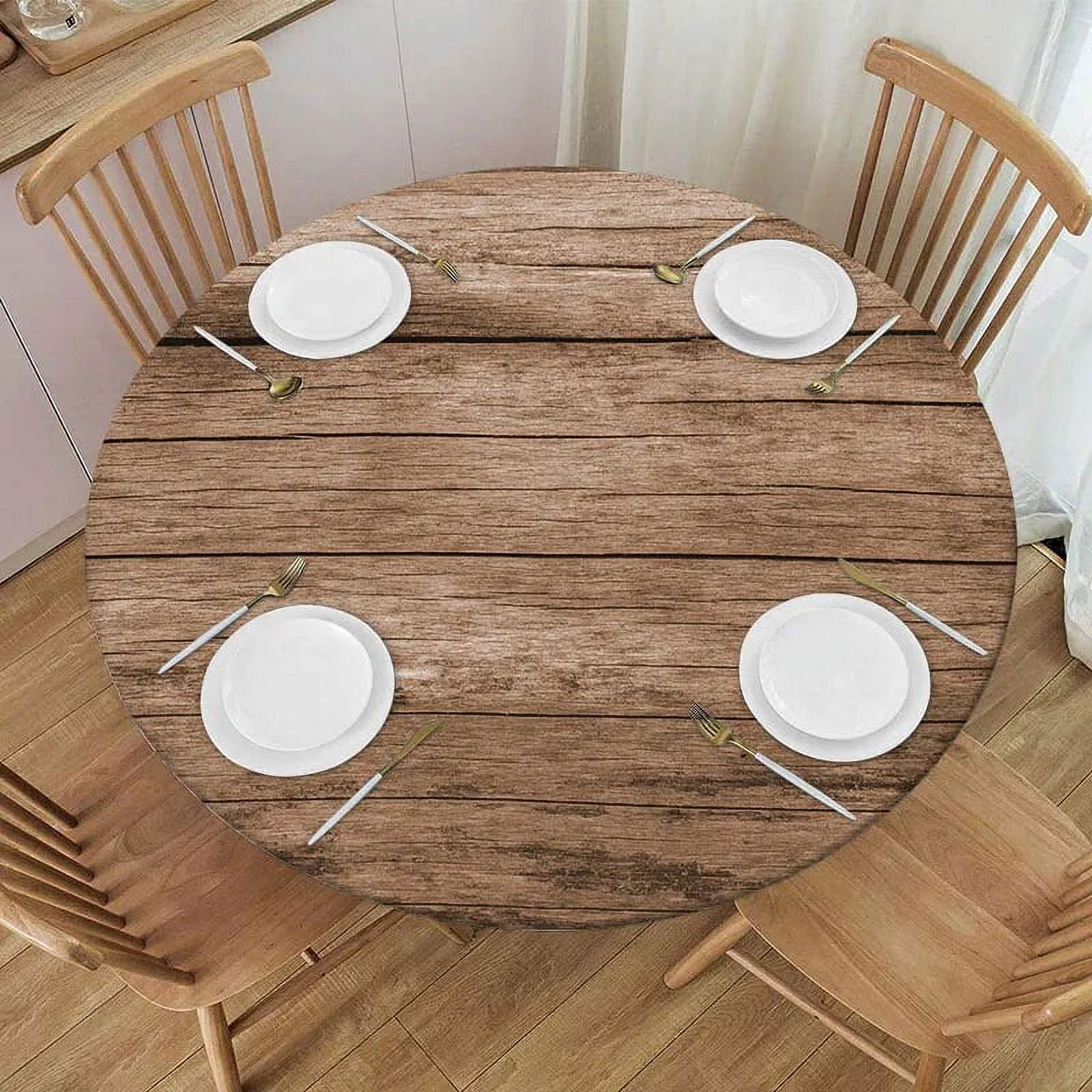 Wooden Round Tablecloth Wood Grain Elastic Dining Table Decoration ...