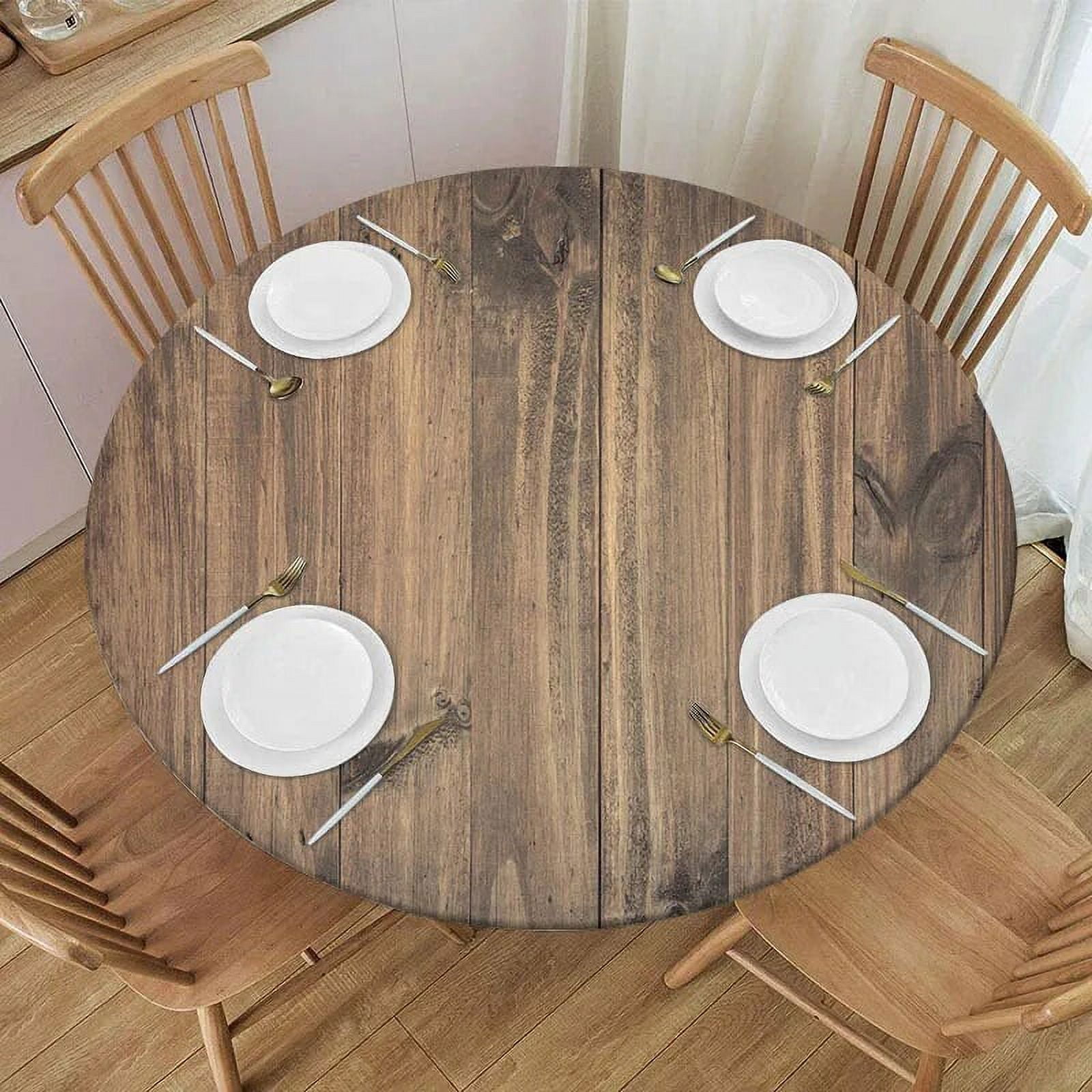 Wooden Round Tablecloth Wood Grain Elastic Dining Table Decoration ...