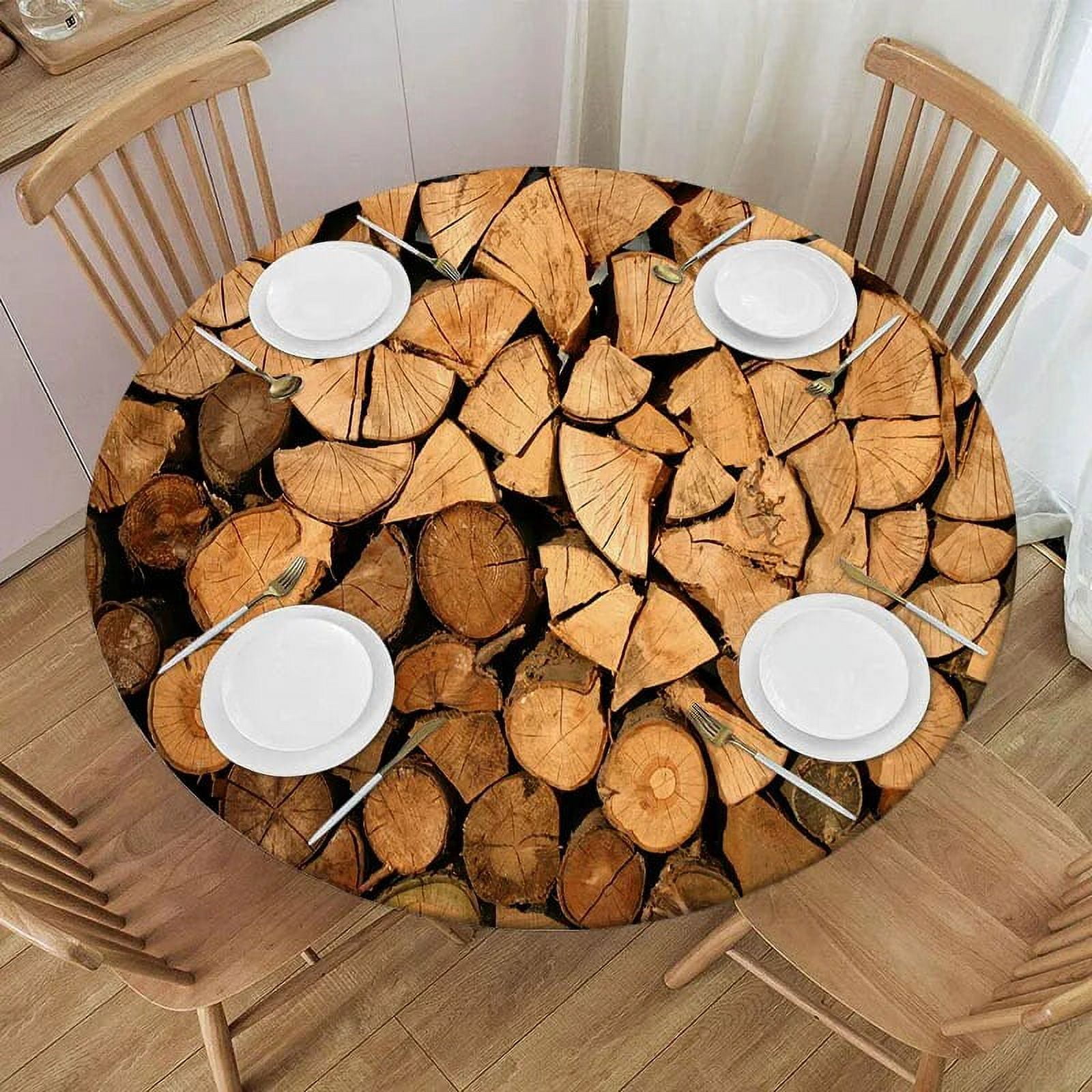 Wooden Round Tablecloth Wood Grain Elastic Dining Table Decoration ...