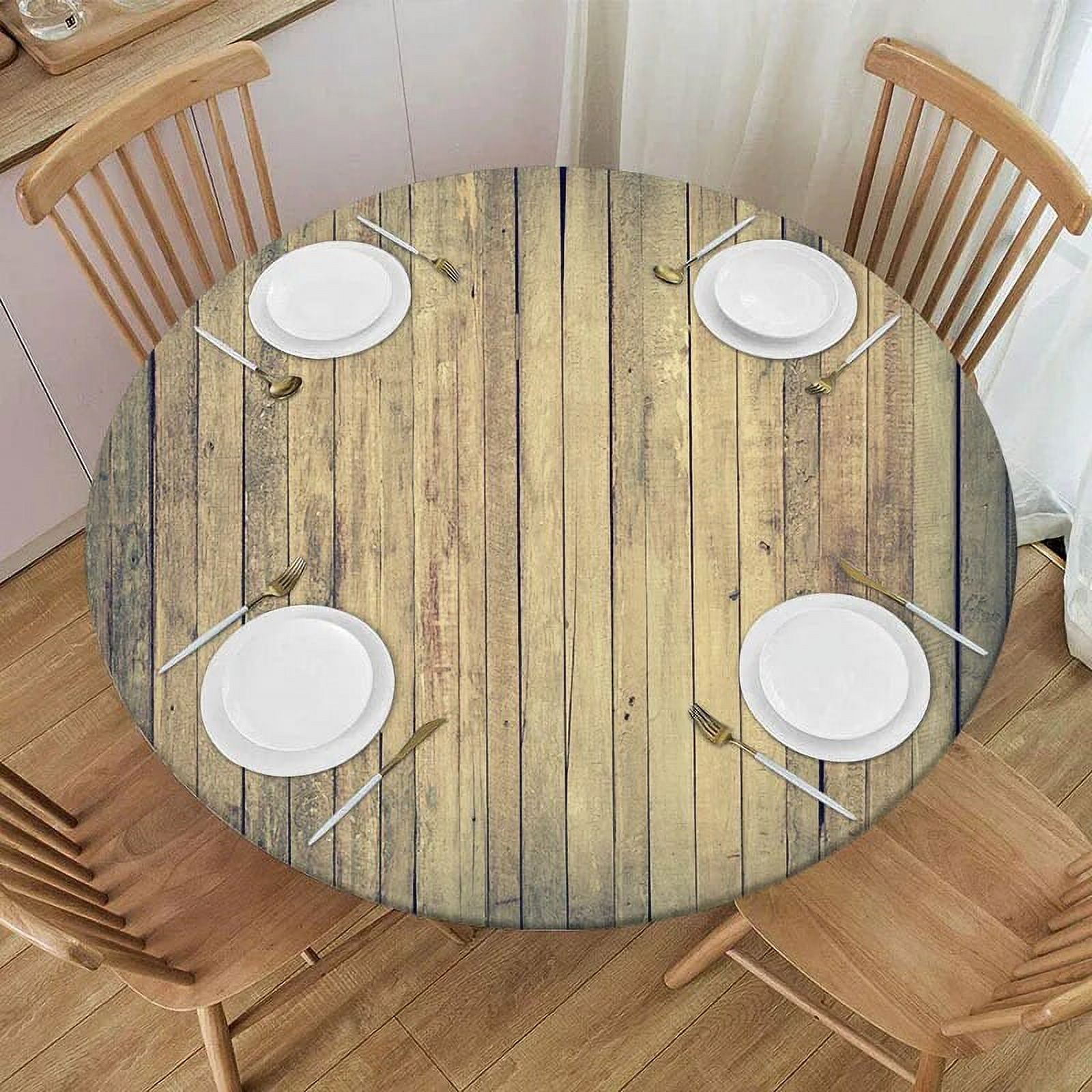 Wooden Round Tablecloth Wood Grain Elastic Dining Table Decoration ...