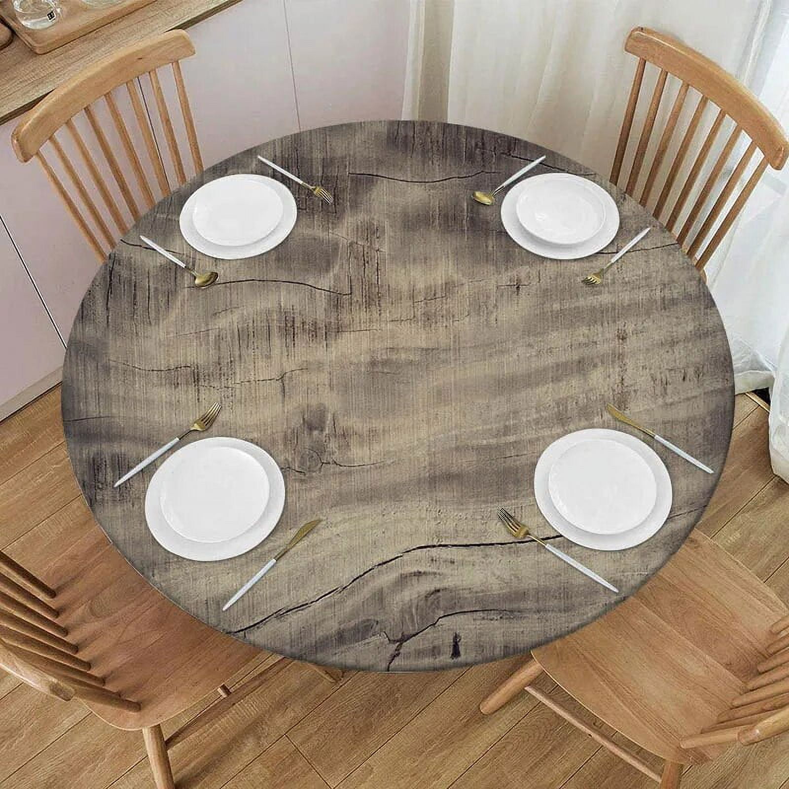Wooden Round Tablecloth Wood Grain Elastic Dining Table Decoration ...