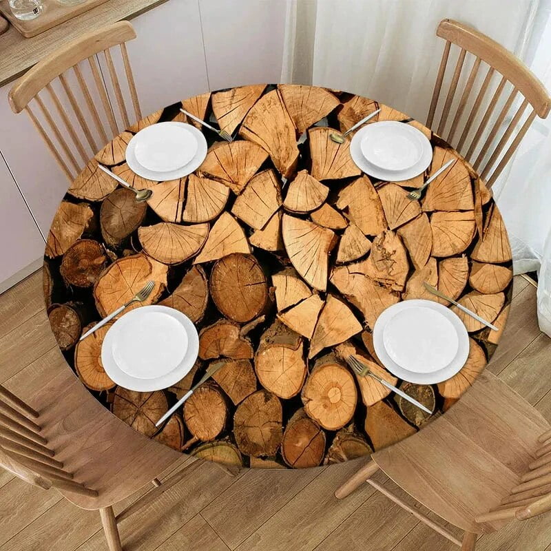 Wooden Round Tablecloth Wood Grain Elastic Dining Table Decoration ...