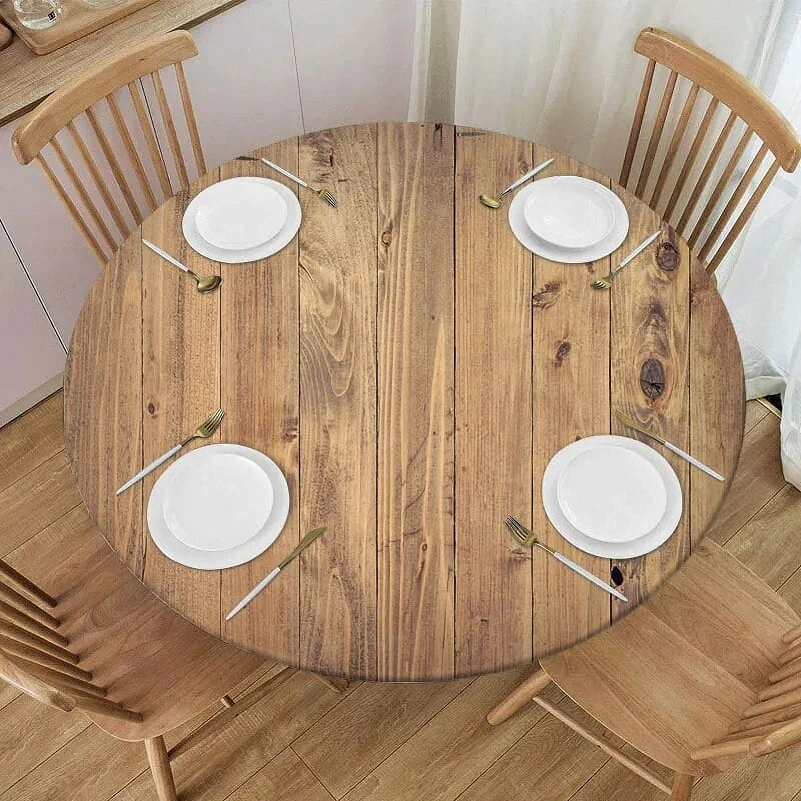 Wooden Round Tablecloth Wood Grain Elastic Dining Table Decoration ...