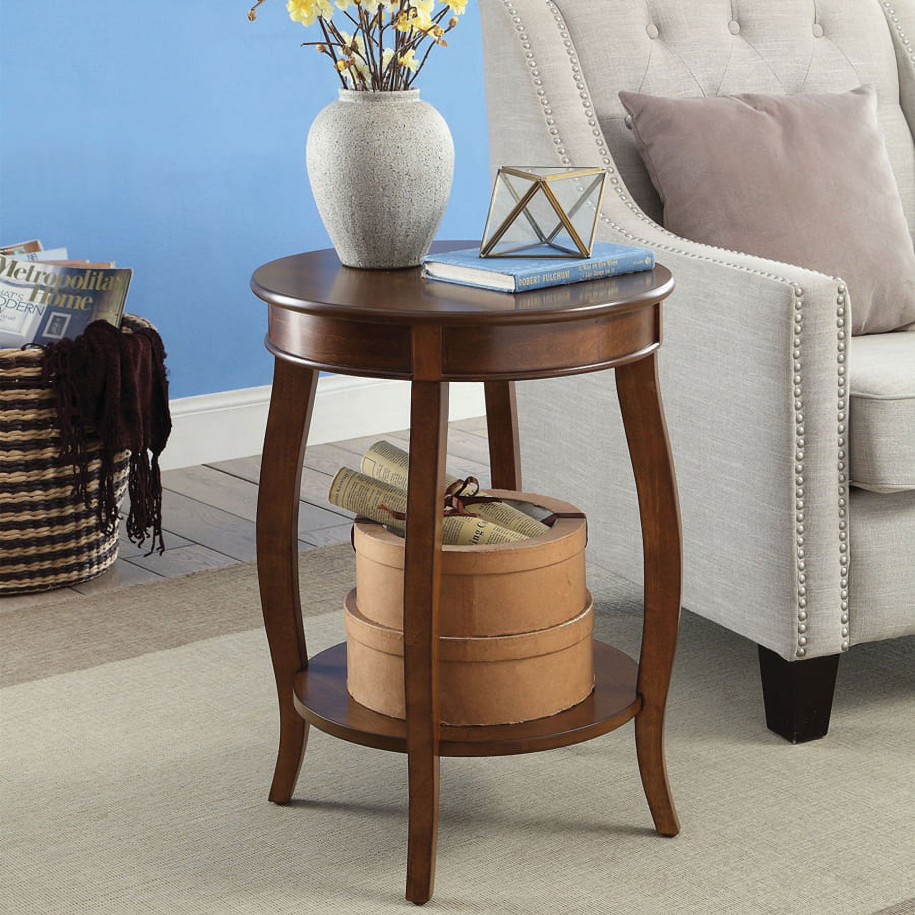 Wooden Round Top Side Table with 1 Bottom Shelf, Pedestal Table End ...