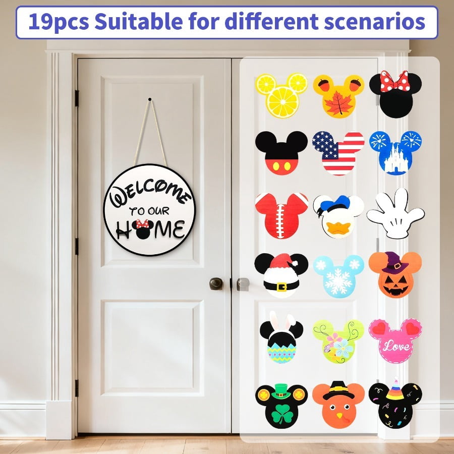 Wooden Round Welcome Sign Set, 19 Pieces, with Replaceable Icons ...