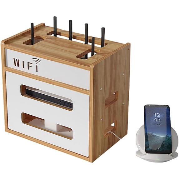 Wooden Router Shelf, Desktop WiFi Router Storage Box Modem Rack, Power ...