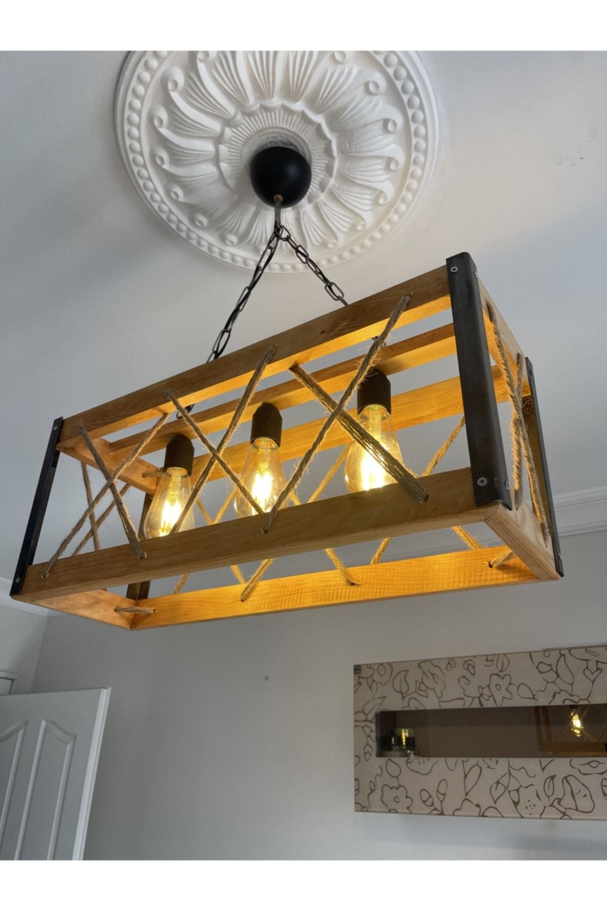 Wooden Rustic 3 Lights LED Chandelier Industrial Ceiling Lamp Pendant ...