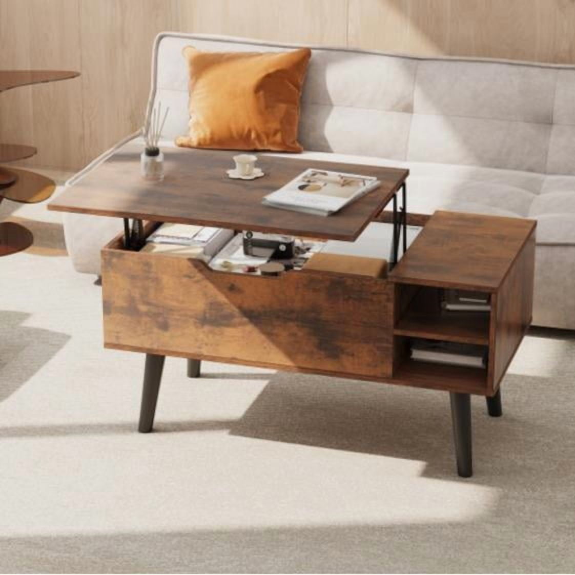 Wooden Rustic Brown Coffee Table with Storage & Lift Top (With/Without ...