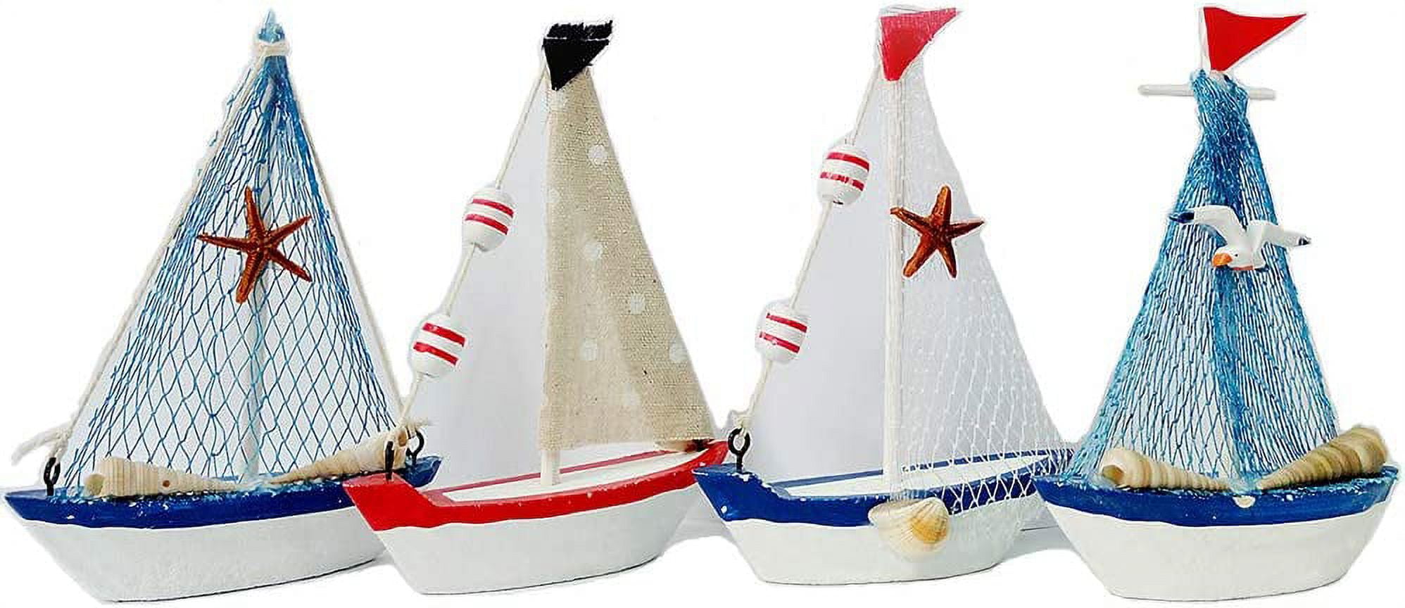 Wooden Sailboat Model Set of 4, 4.3"H Sail Boat Display with Fish Net ...