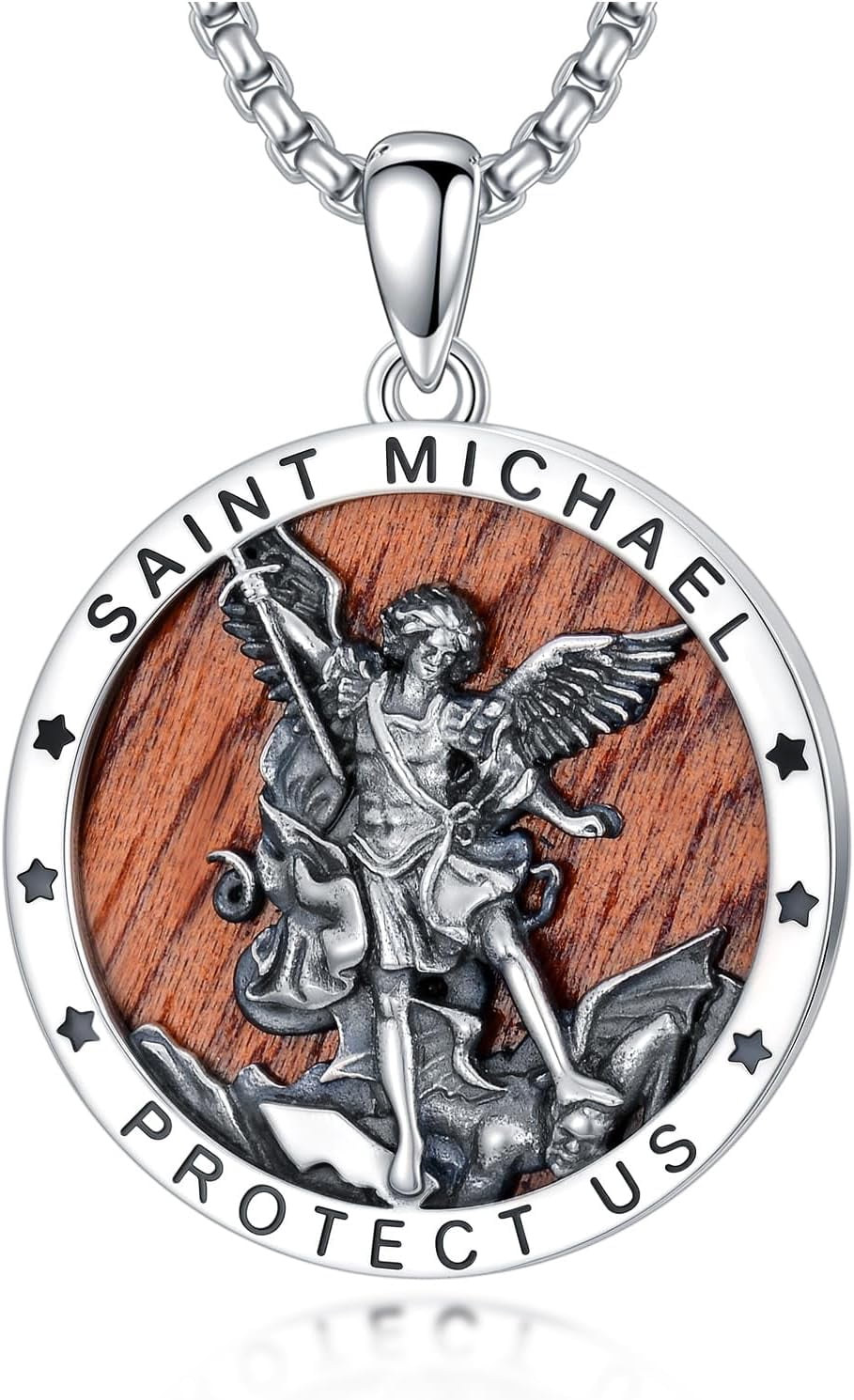 Wooden Saint Michael Pendant for Men Women 925 Sterling Silver Round ...