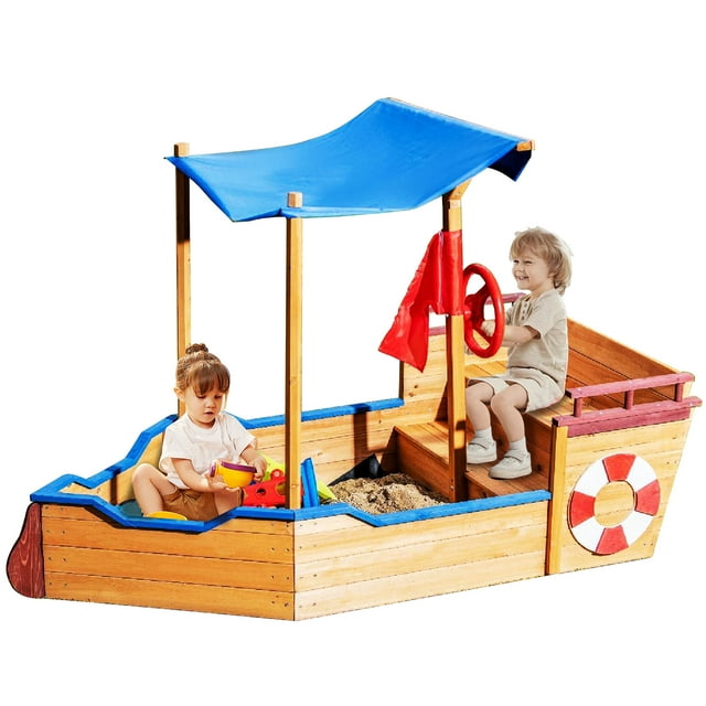 iYofe Wooden Pirate Boat Sandbox w/Adjustable Canopy, Storage Bench and ...