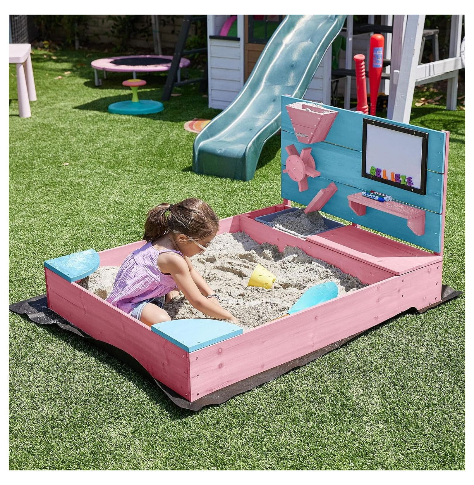 Wooden Sandbox, 49x39in Kids Sand Pit for Backyard, Outdoor Sandbox with Cover and Bottom Liner ...
