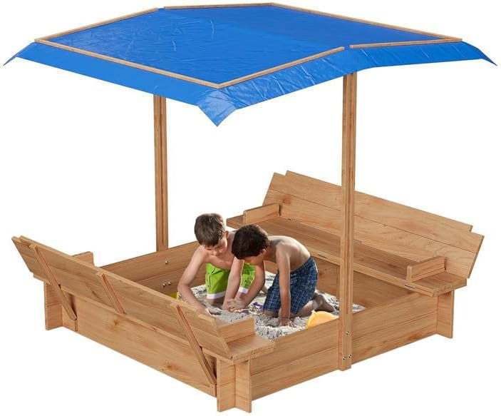 Wooden Sandbox with Cover/Lid & Retractable Canopy, Sand Box with ...