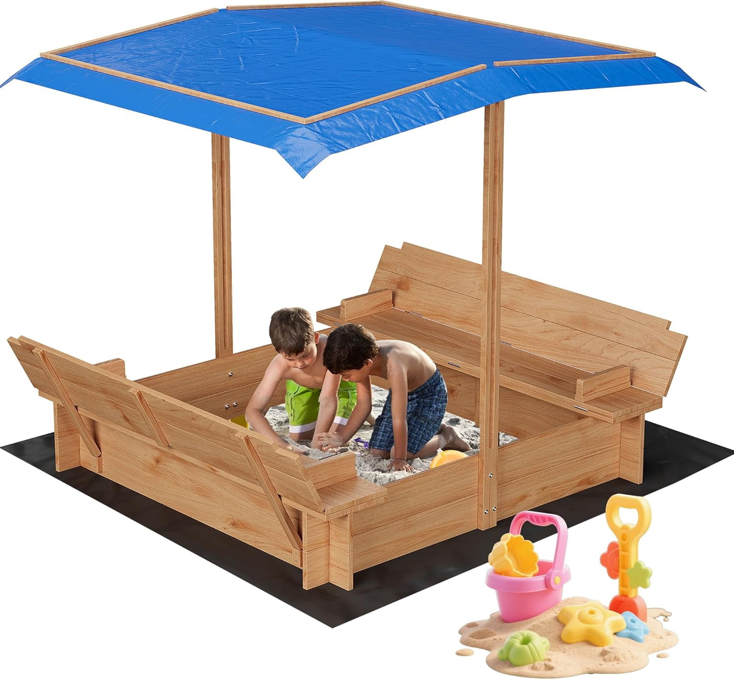 Wooden Sandbox with Lid＆Cover, Outdoor Sand Box with 2 Bench Seats ...