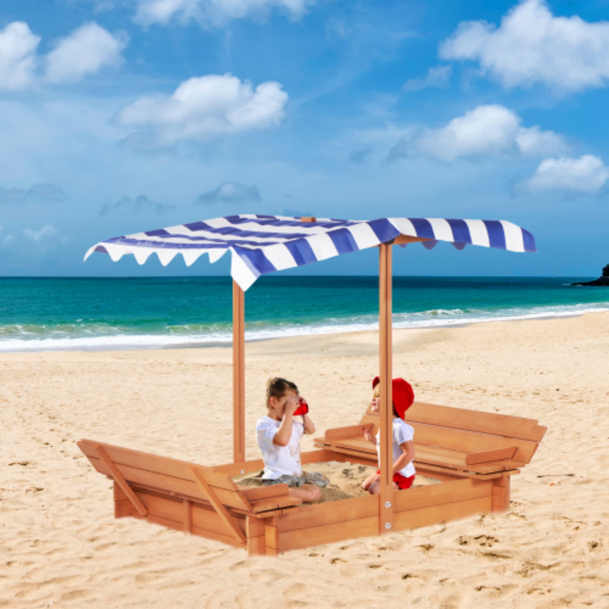 Wooden Sandbox with Lid, SHINPT 46'' Kids Sandbox with 2 Foldable Bench ...