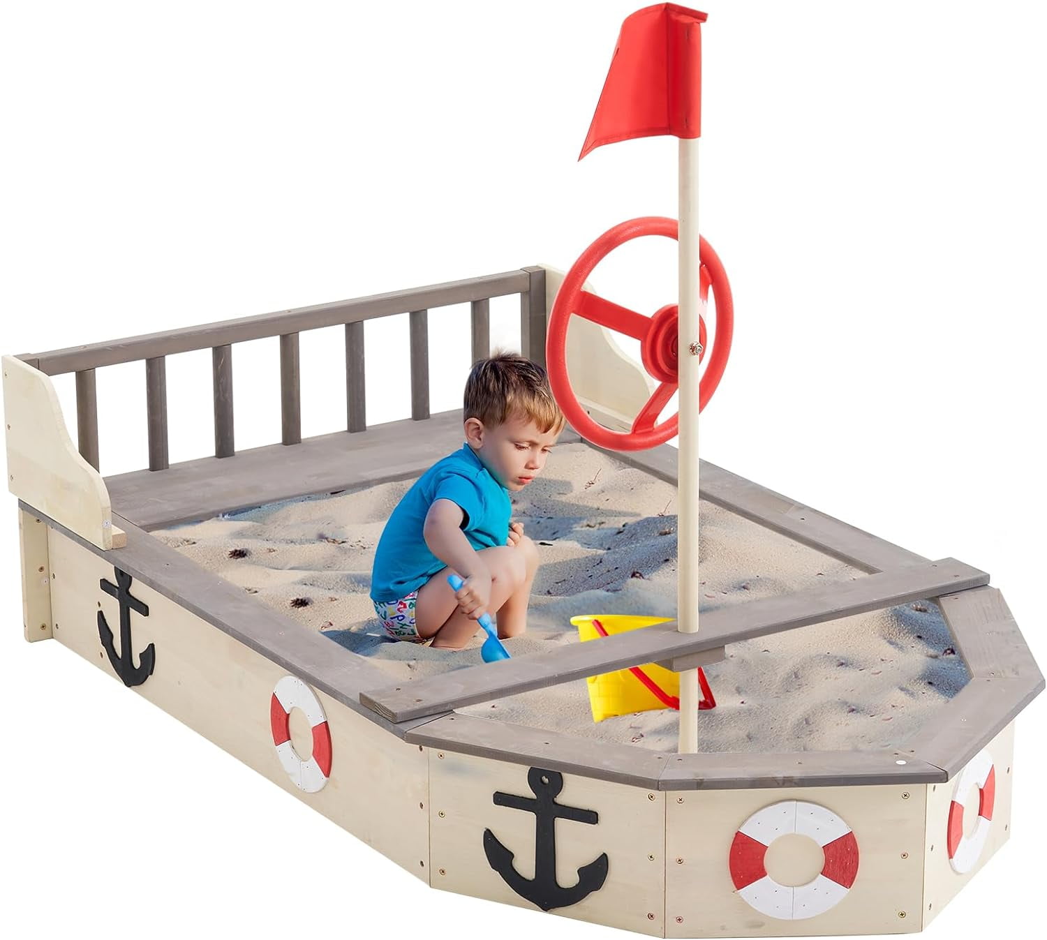 Wooden Sandbox, Pirate Ship Kids Large Wooden Sand Box with Red Flag ...