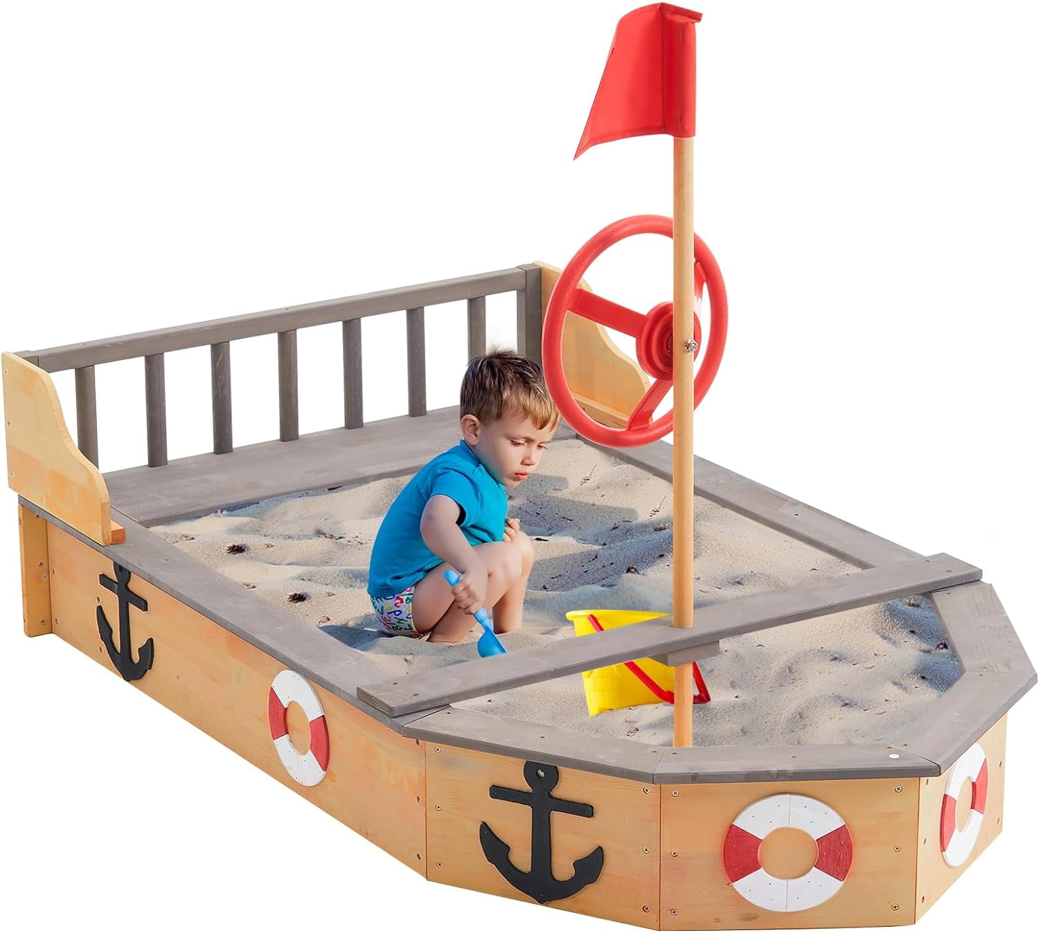 Wooden Sandbox, Pirate Ship Kids Large Wooden Sand Box with Red Flag ...