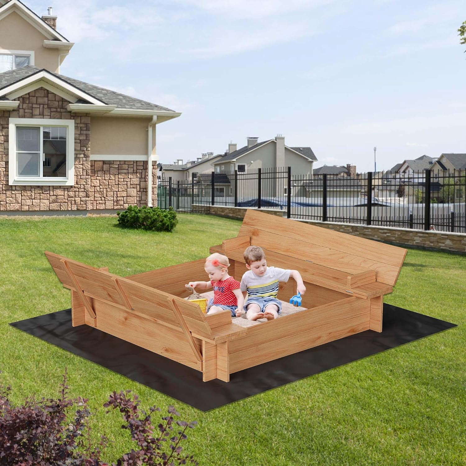 Wooden Sandbox with Cover, Outdoor Sand Box with 2 Bench Seats, Bottom ...