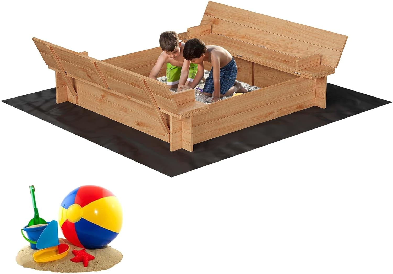 Wooden Sandbox with Cover, Outdoor Sand Box with 2 Seats, Bottom Liner ...
