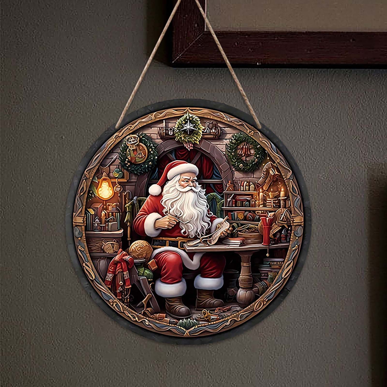 Wooden Santa Wreath Sign Wooden Round Sign Christmas Home Decor Wall ...