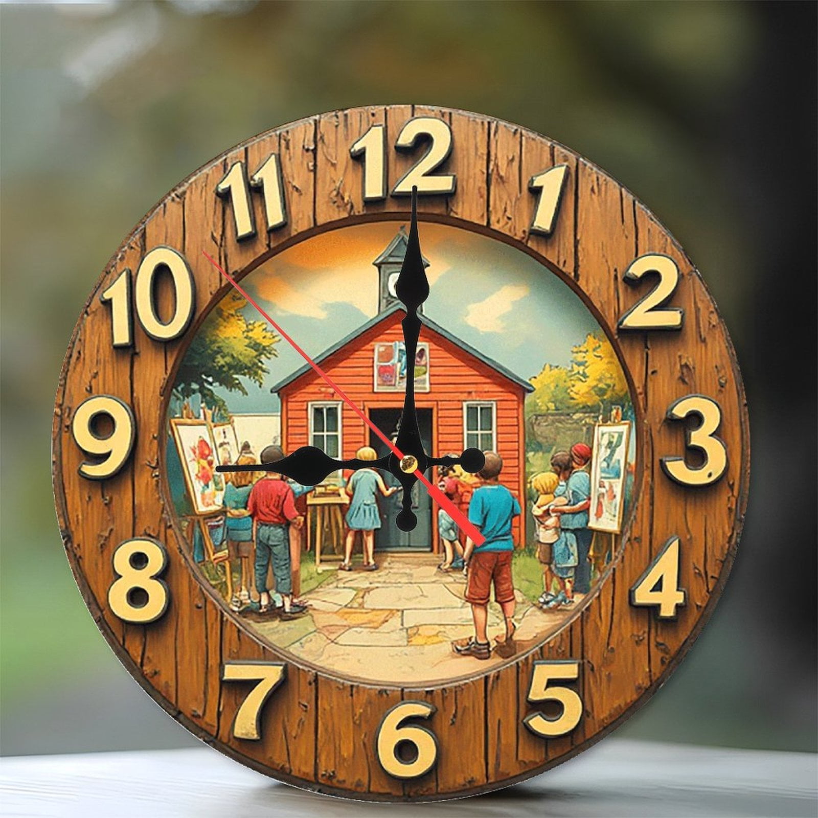 Wooden Schoolhouse Wall Clock Vintage Style Home Decor 10-Inch Silent ...