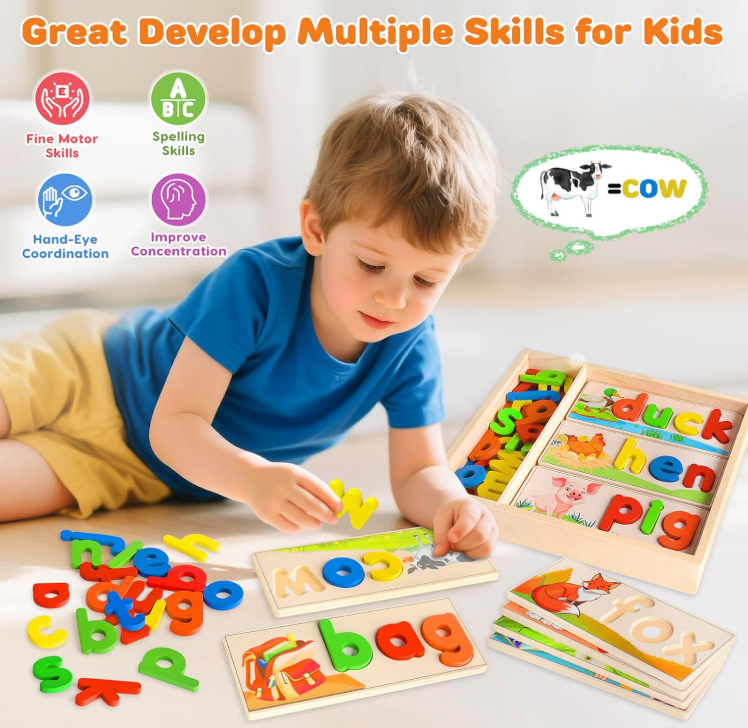Wooden See & Spell Learning Toys for 2+Year Old Kids, Preschool ...