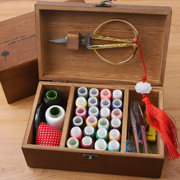 Wooden Sewing Box Pins Thread Remover Accessories 24 Threads black and ...