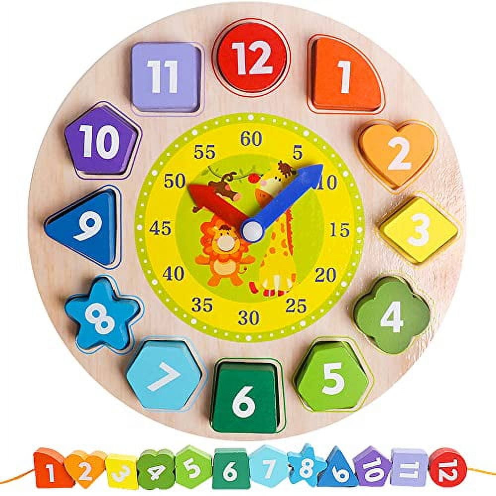 Wooden Shape Color Sorting Clock- Teaching Time Number Blocks Clock ...