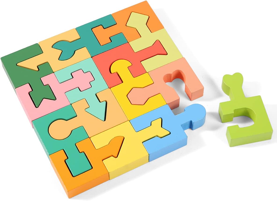 Wooden Shapes Puzzles Blocks Geometric Brain Teaser Montessori Toys ...