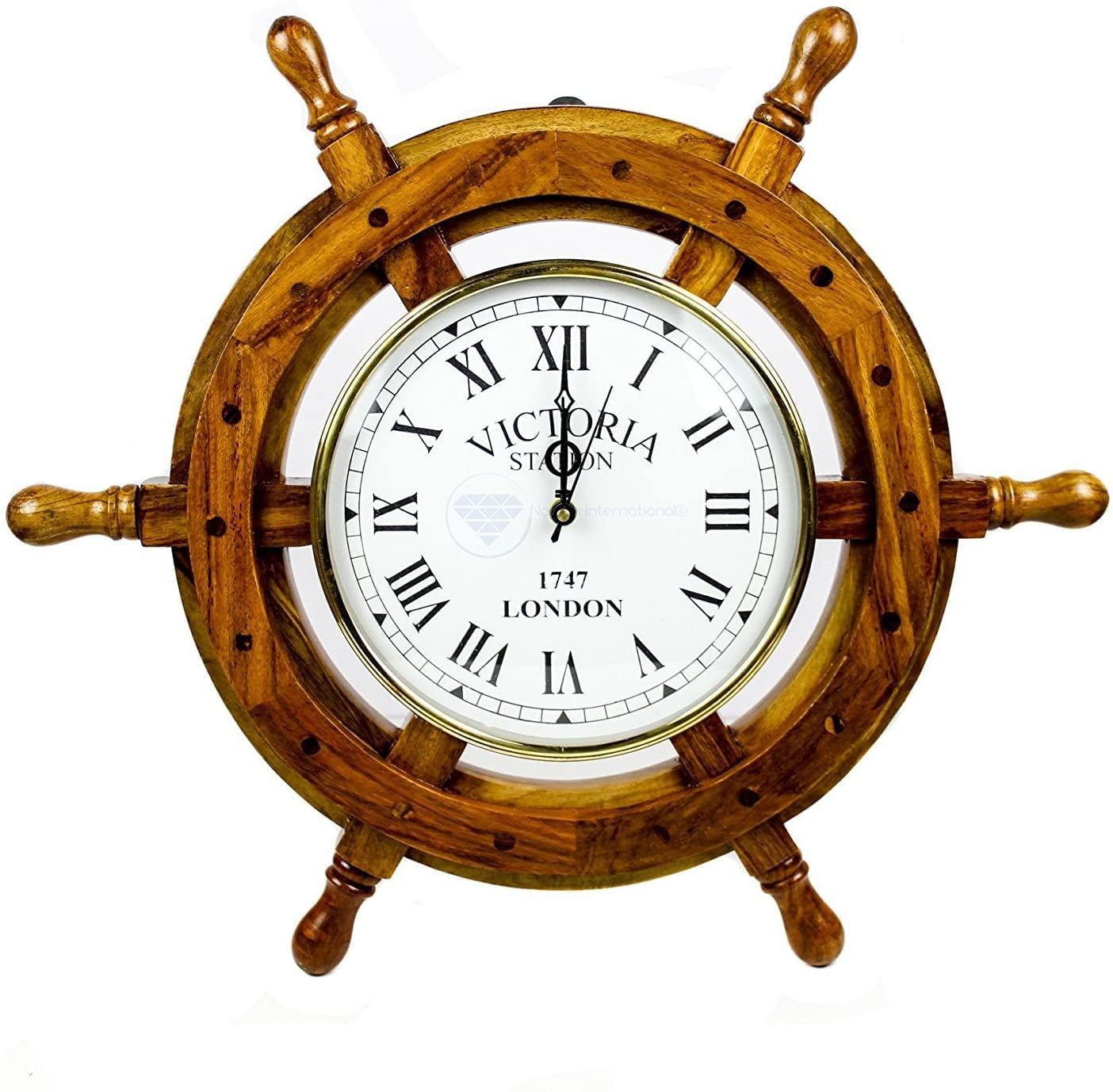 Wooden Ship Wheel Clock (White Roman Victoria Dial) - (12 Inches ...