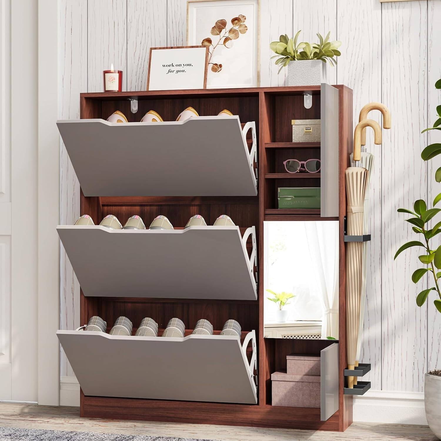 Wooden Shoe Cabinet with 3 Flip Drawers, Narrow Shoe Cabinet with Doors ...