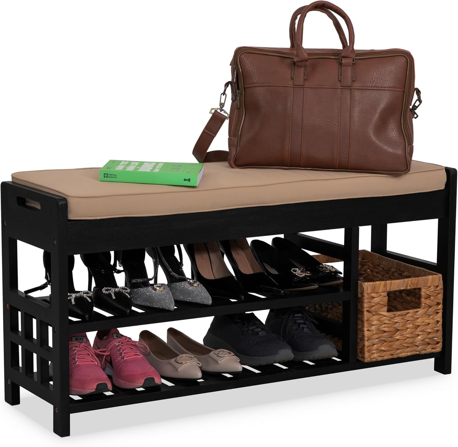 Wooden Shoe Rack with Bench Seat - Black Acacia Wood Entryway Organizer ...