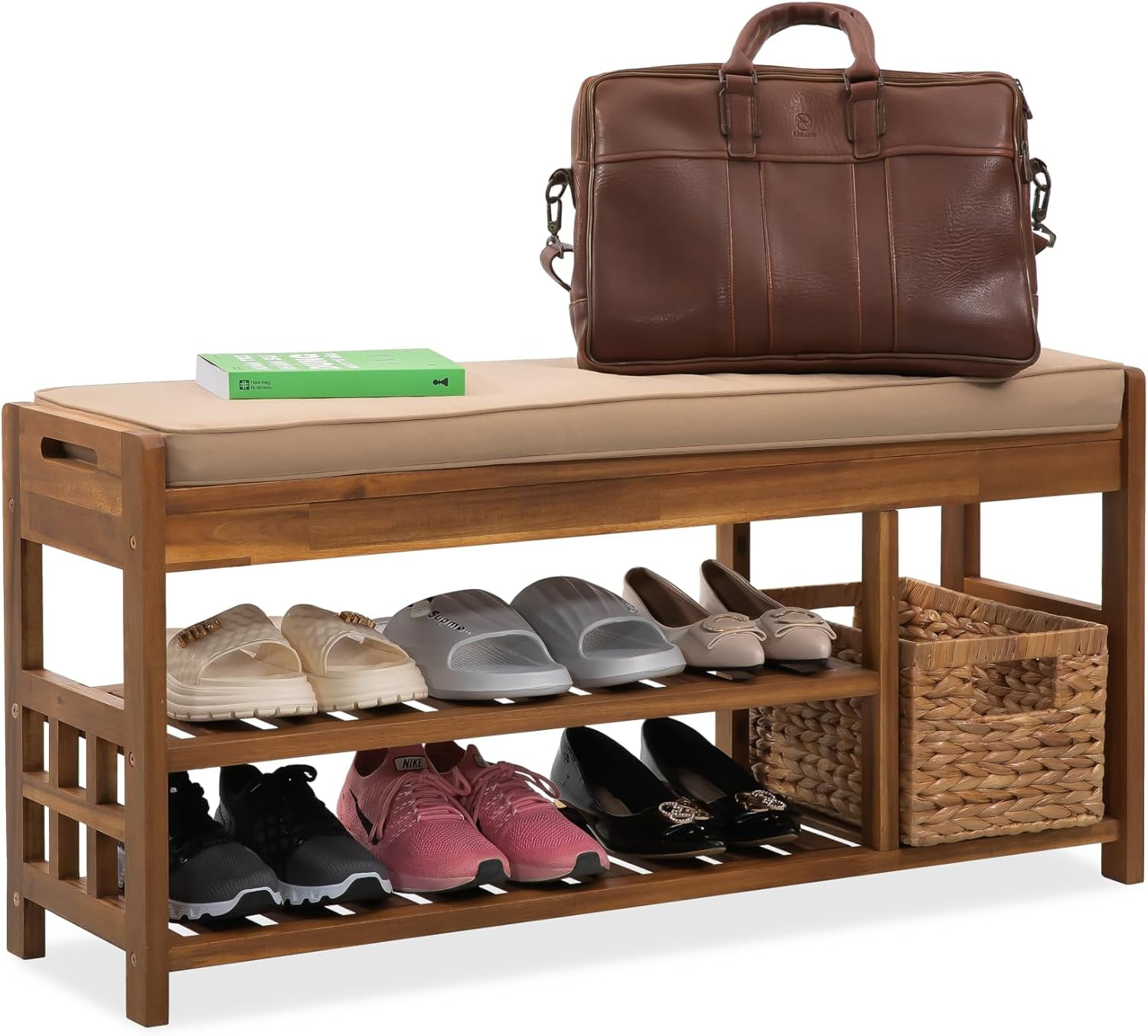 Wooden Shoe Rack with Seat - Natural Acacia Wood Entryway Organizer ...