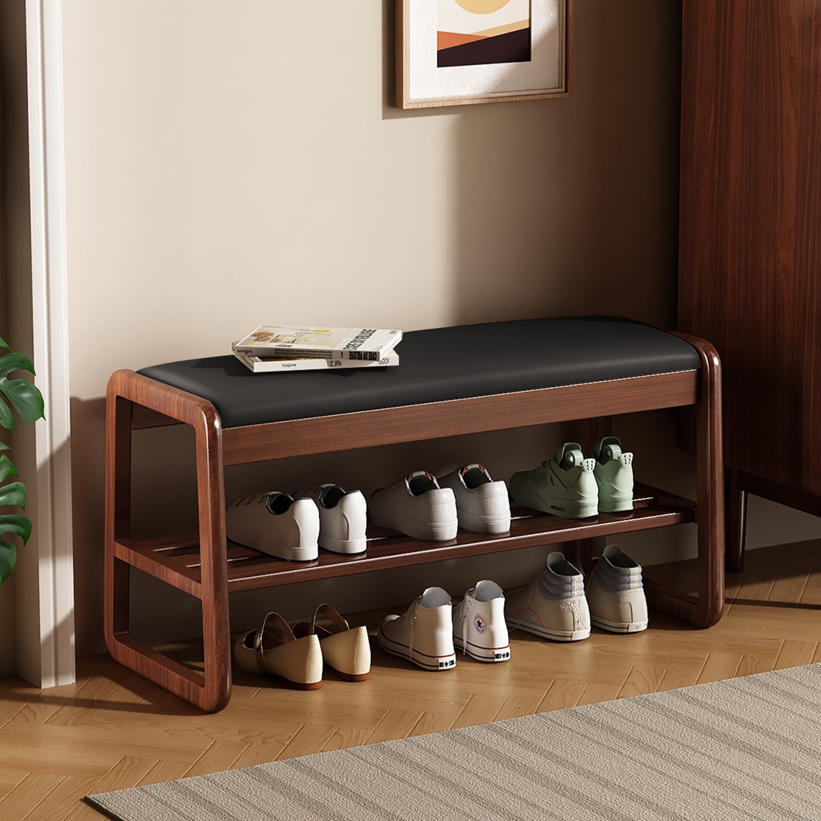 Wooden Shoe Storage Bench with Padded Top Cushion, Two-Tier Wooden Shoe ...