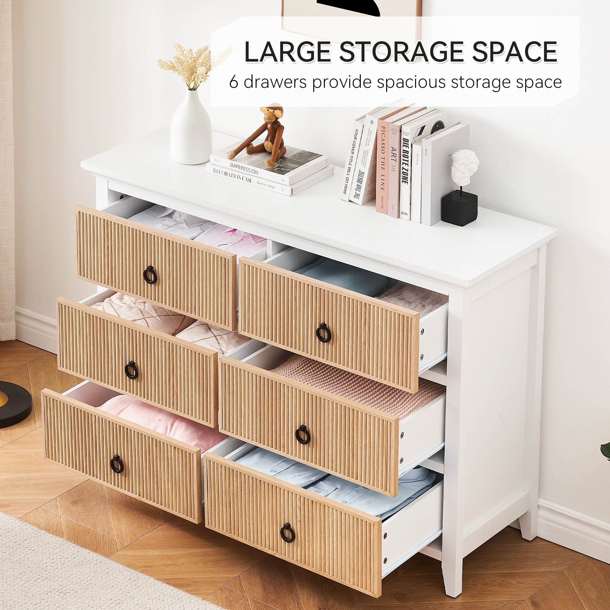 Wooden Sideboard Storage Cabinet with 6 Drawers,Log Color Wave Finish ...